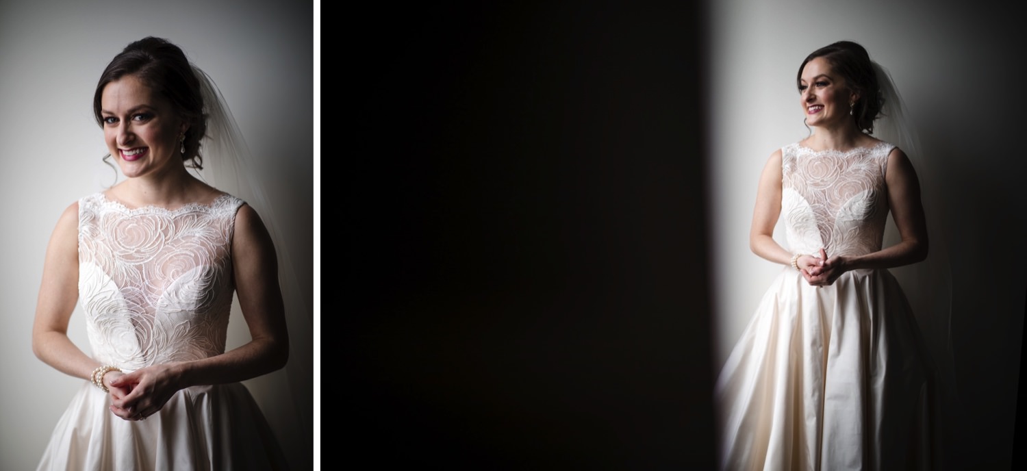 A bride in a wedding dress is posing in the elegant Alfond Inn for her ...